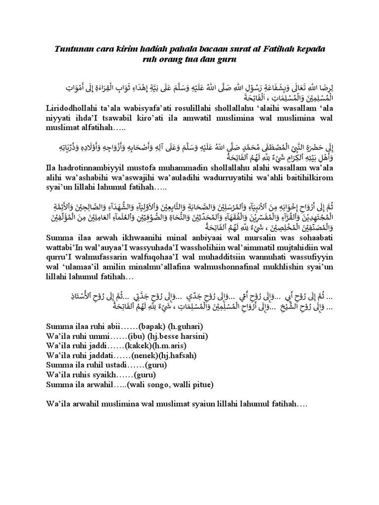 Tuntunan Cara Kirim Hadiah Pahala Bacaan Surat Al Fatihah Kepada Ruh ...