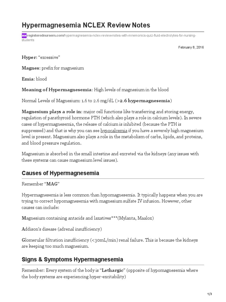 Hypermagnesemia NCLEX Review Notes | PDF | Clinical Medicine | Diseases ...