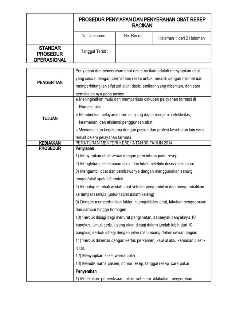 Spo Penyiapan & Penyerahan Resep Racikan | PDF