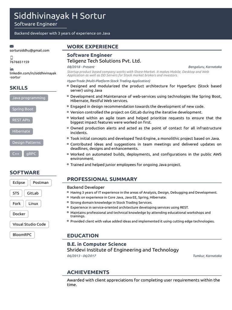 Siddhivinayak H Sortur: Work Experience | PDF | Java (Programming Language) | Representational ...