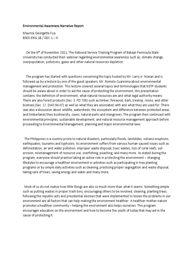Environmental Awareness Narrative Report | PDF | Environmentalism ...