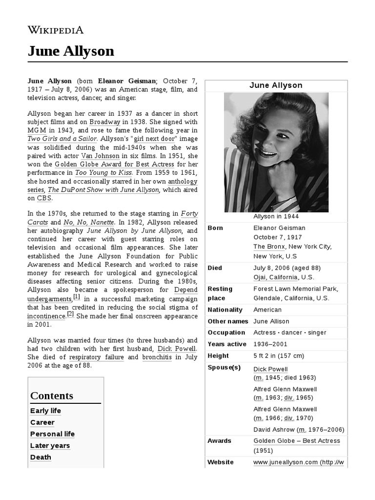 June Allyson (Born Eleanor Geisman October 7 | PDF