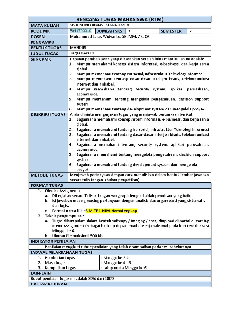 Rencana Tugas Mahasiswa (RTM) : Mata Kuliah Kode MK Jumlah Sks Semester ...