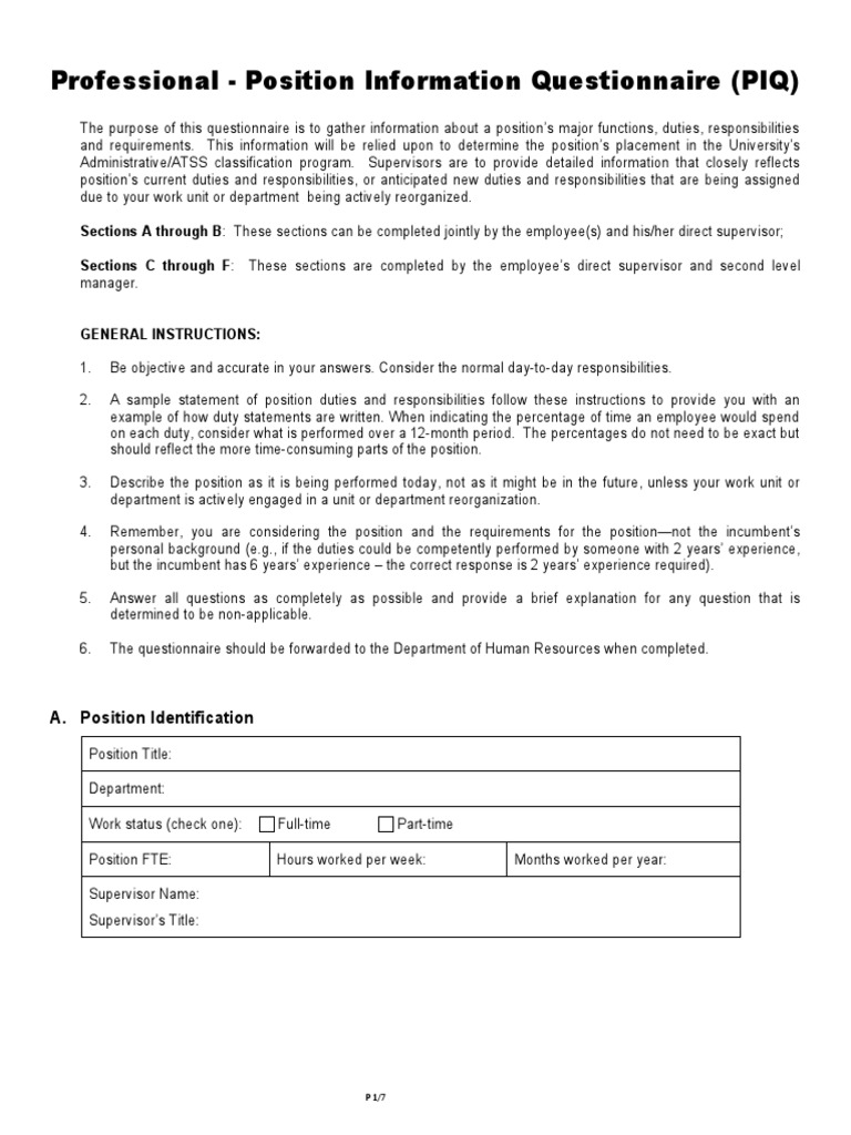 Professional - Position Information Questionnaire (PIQ) | PDF ...
