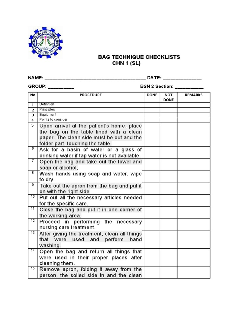 Bag Technique Checklists CHN 1 (SL) | PDF | Nursing | Health Care