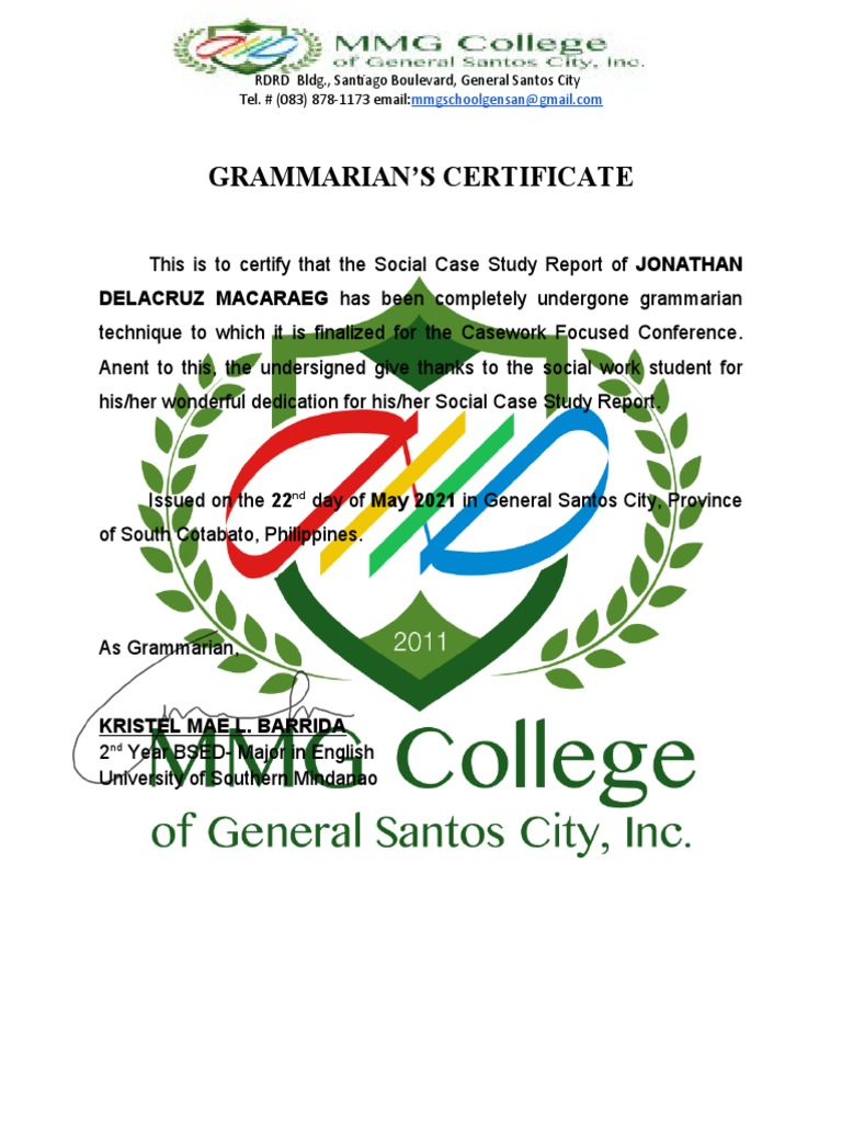 Grammarian'S Certificate: DELACRUZ MACARAEG Has Been Completely ...