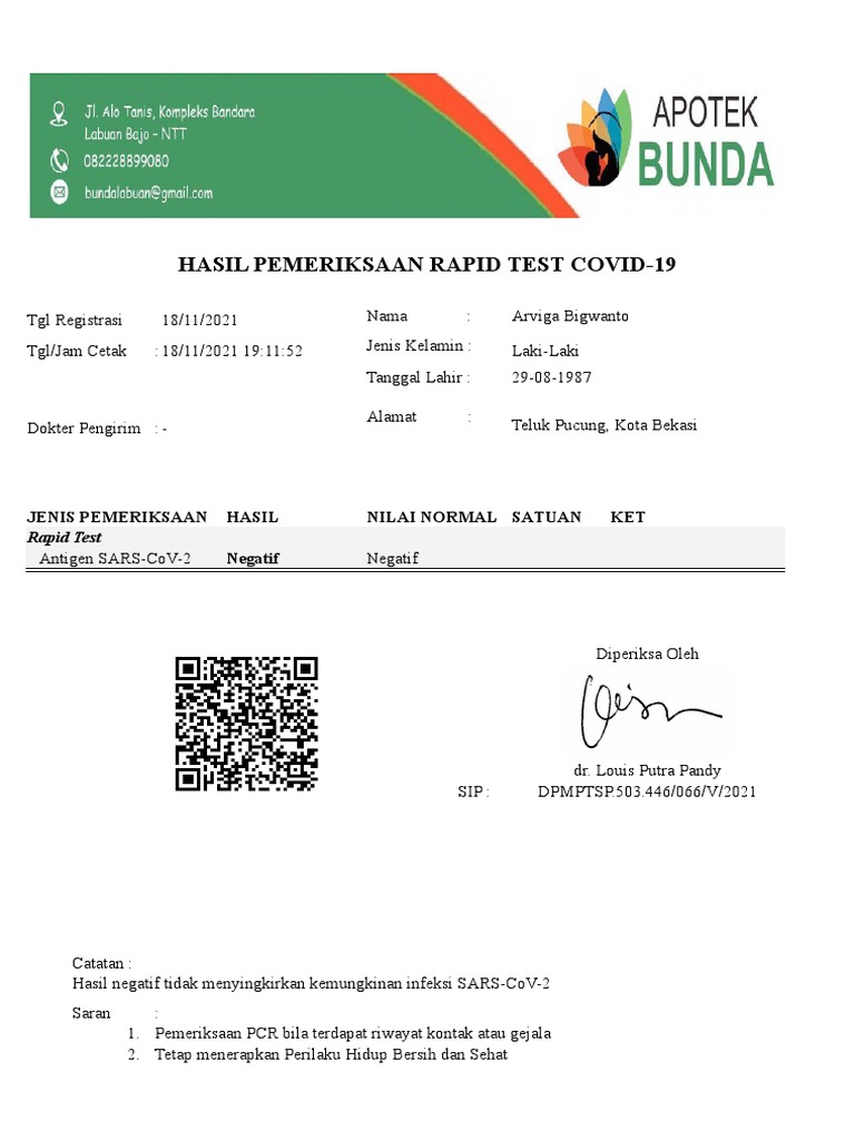 On Site2-Form Rapid Test Covid-19 Apotek Bunda Labuan Bajo - Surat | PDF