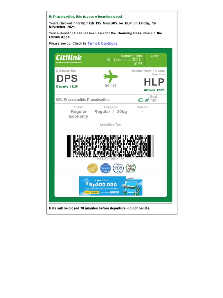 Boarding Pass Citilink | PDF