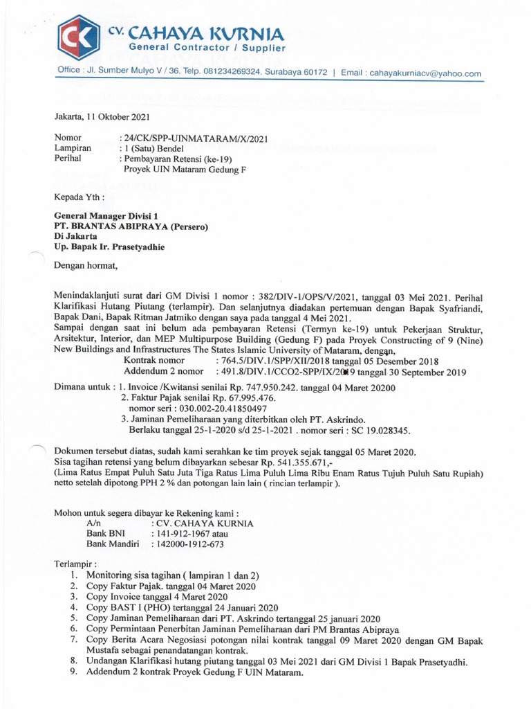 Surat Masuk CV Cahaya Kurnia | PDF