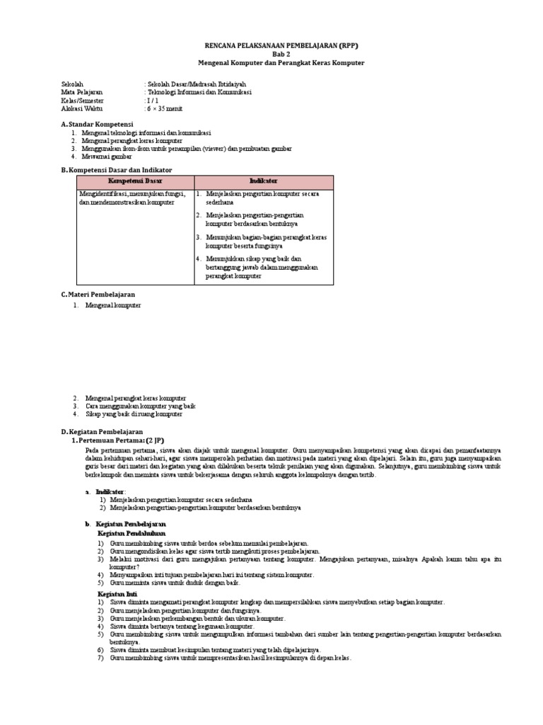 RPP Bab 2 TIK 1 Kelas I | PDF | Karier & Perkembangan | Seni