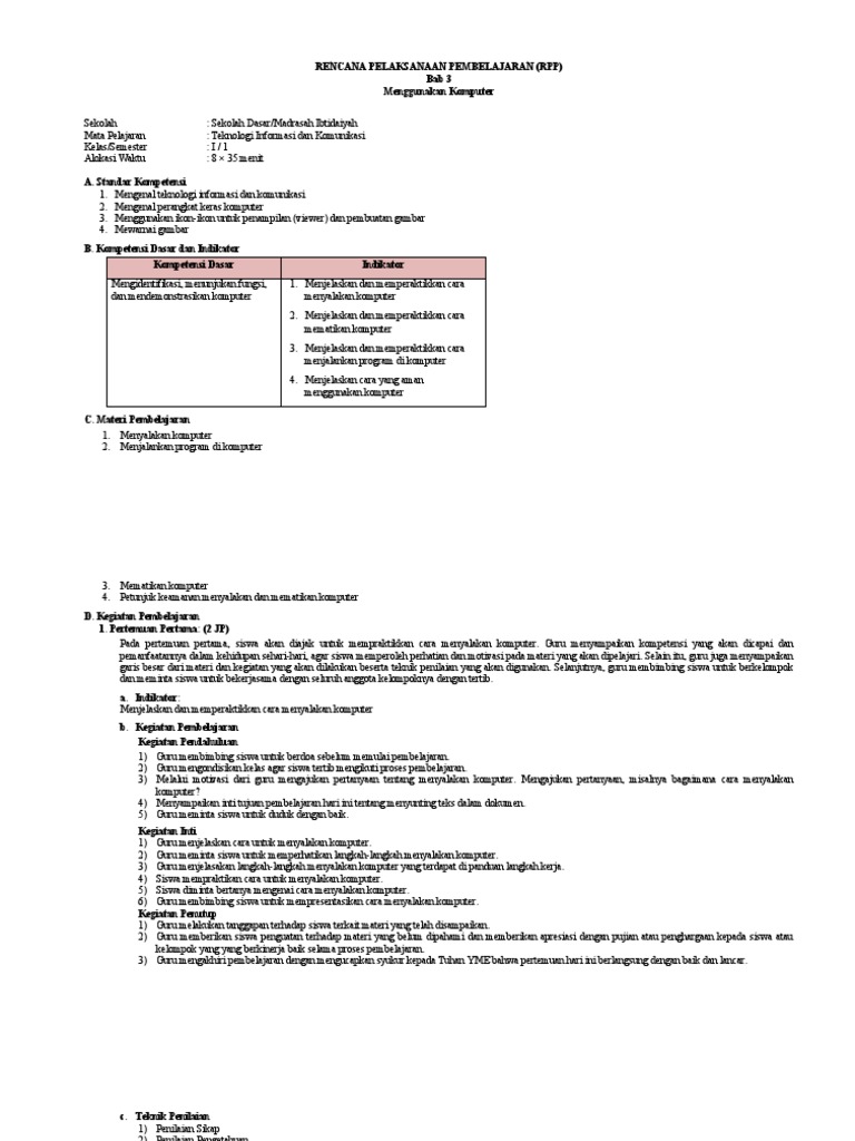 RPP Bab 3 TIK 1 Kelas I | PDF | Komputer