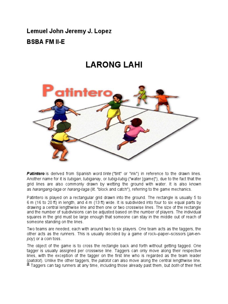 Larong Lahi: Lemuel John Jeremy J. Lopez Bsba FM Ii-E | PDF | Play ...
