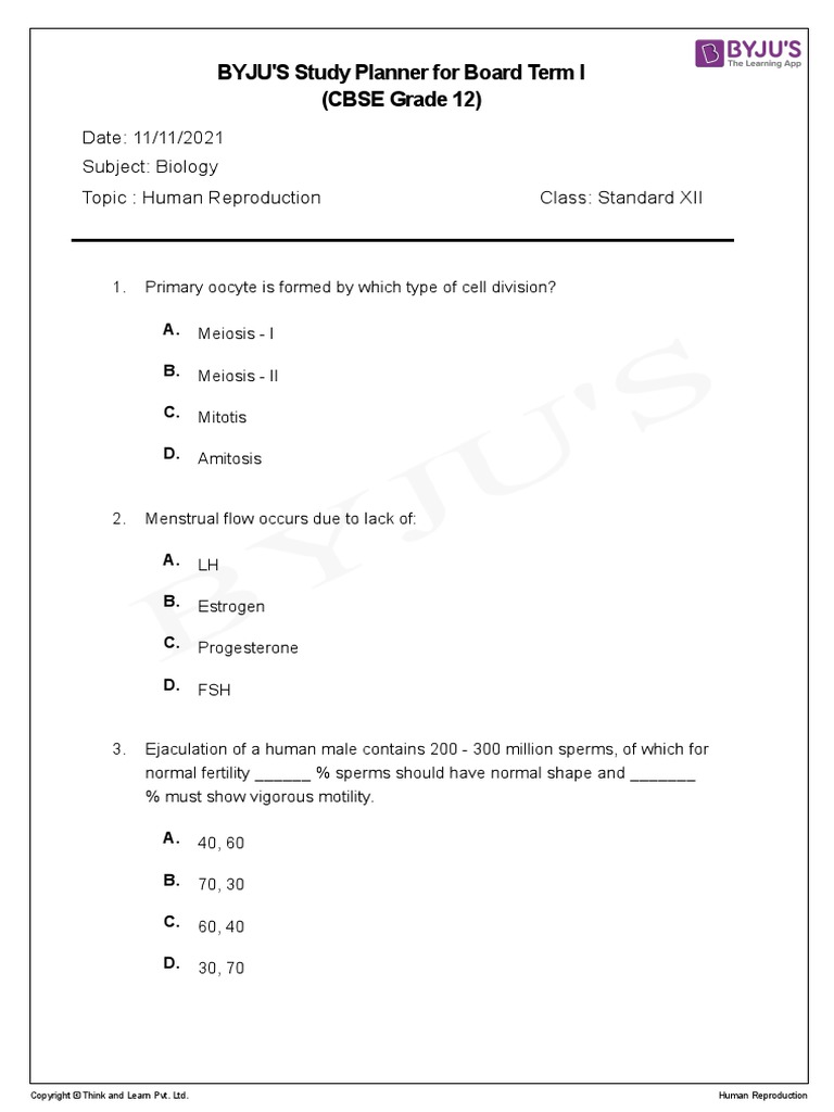 Notes CBSE-Class-12-Biology-Human-Reproduction-Practice-Questions | PDF ...