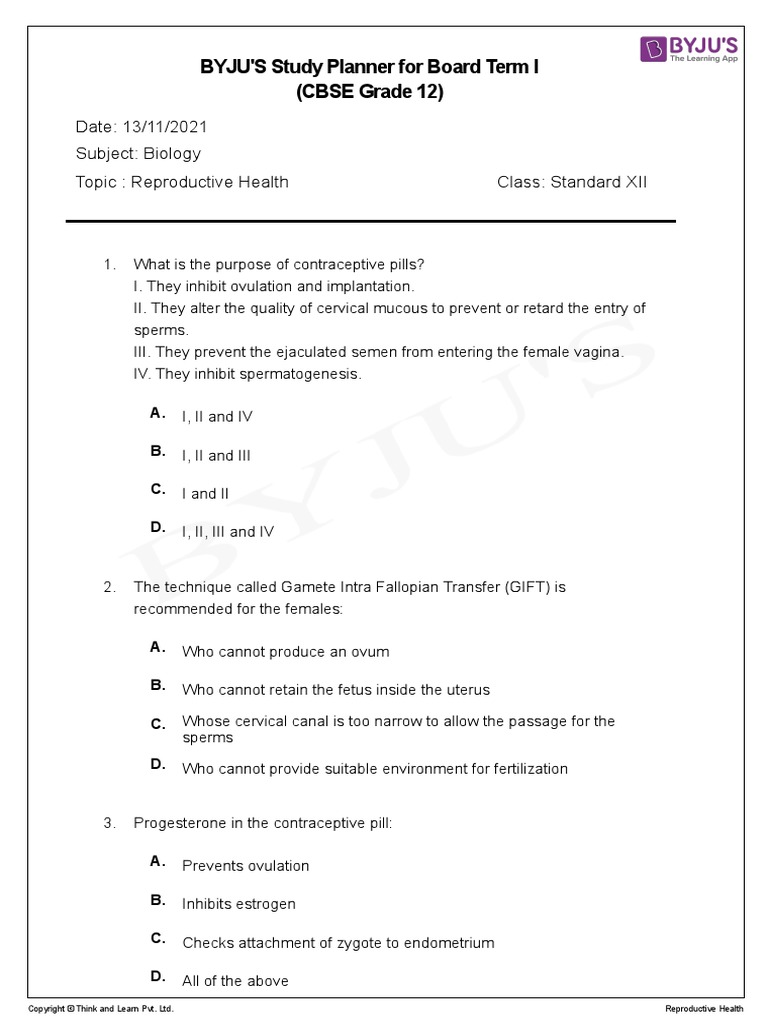 Book Cbse Class 12 Biology Reproductive Health Practice Questions Pdf