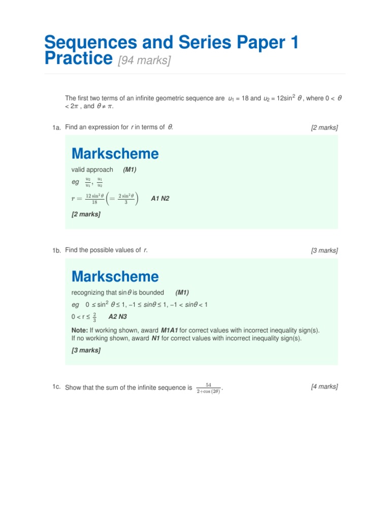 Sequences and Series Paper 1 Practice: Markscheme | PDF | Sine | Trigonometric Functions