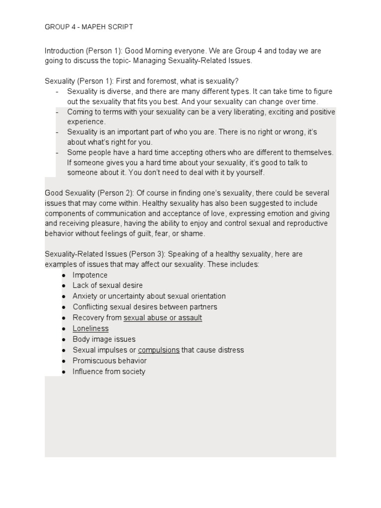 Group 4 Mapeh Script | Download Free PDF | Human Sexuality | Mental Health