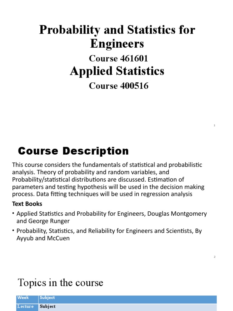 Probability and Statistics For Engineers Applied Statistics: Course ...