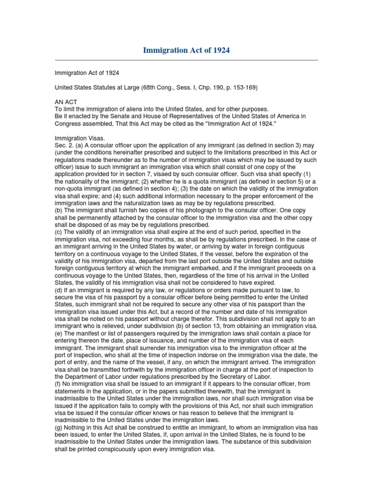 Immigration Act of 1924 | PDF | Travel Visa | Alien (Law)