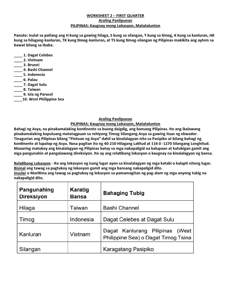 Araling Panlipunan Aralin 2 Worksheet | PDF