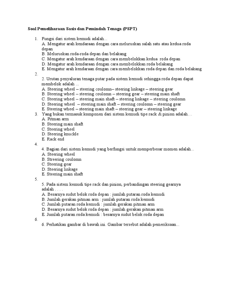 Soal Pemeliharaan Sasis Dan Pemindah Tenaga | PDF