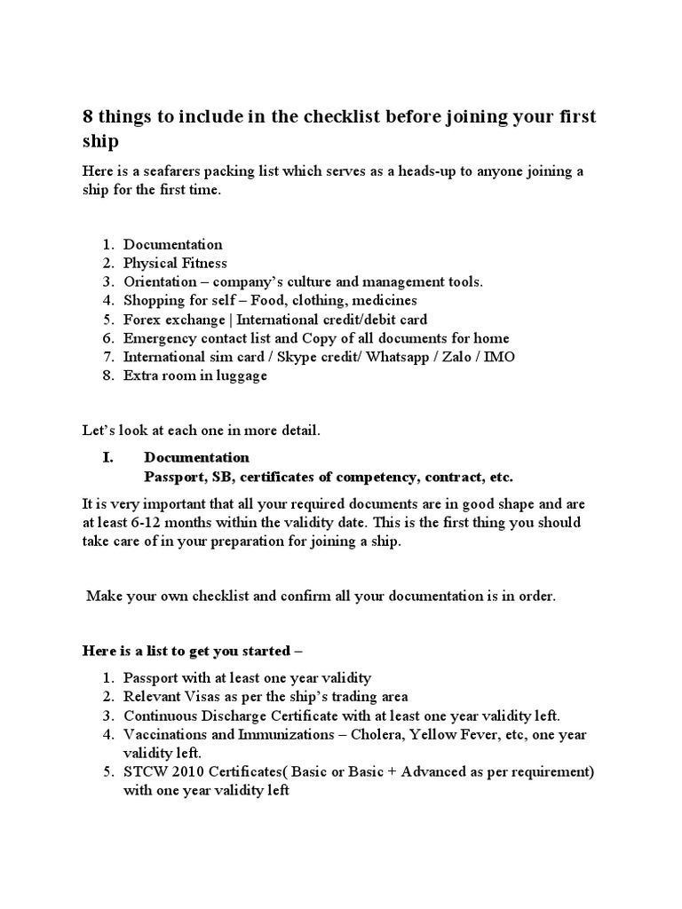 Checklist Before Joining Your First Ship | PDF | Baggage