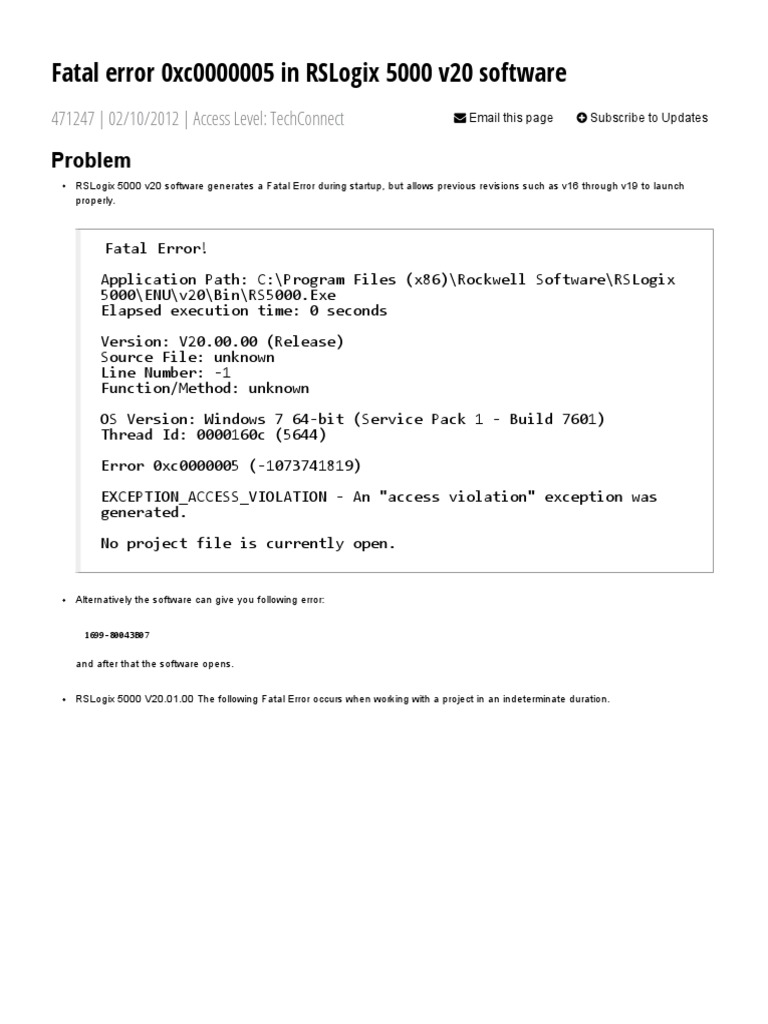 Fatal Error 0xc0000005 in RSLogix 5000 v20 Software | PDF | Microsoft ...