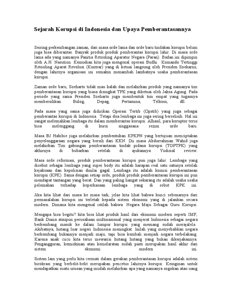Sejarah Korupsi Di Indonesia Dan Upaya Pemberantasannya | PDF