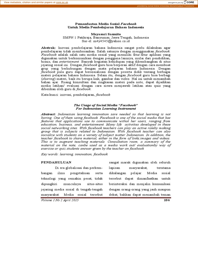 Pemanfaatan Media Sosial Facebook Untuk Media Pembelajaran Bahasa Indonesia Mayasari Sasmito ...