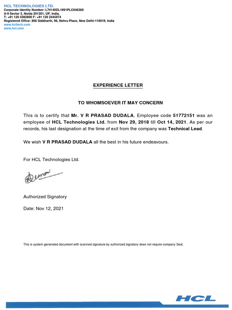 HCL Technologies Experience Letter for VR Prasad Dudala | PDF