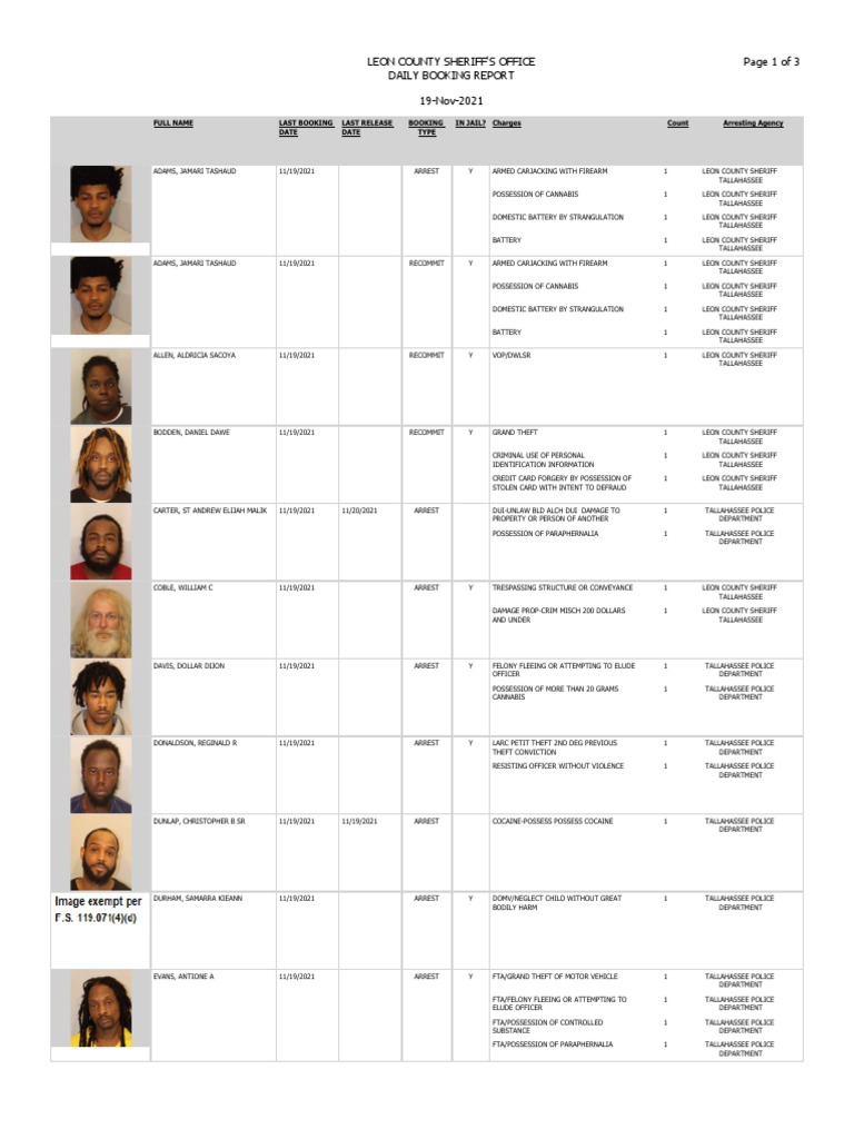 Leon County Booking Report: Nov. 20, 2021 | PDF | Theft | Law Enforcement