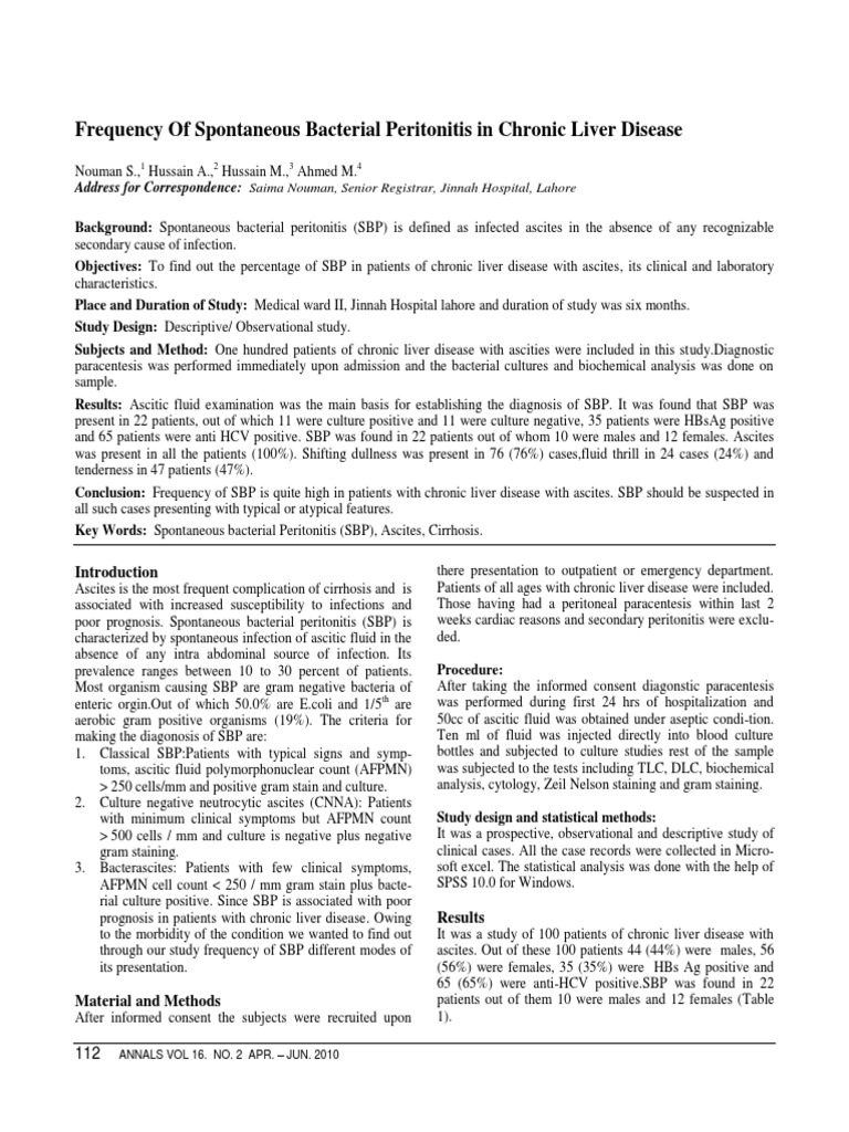 Frequency of Spontaneous Bacterial Peritonitis in Chronic Liver Disease ...