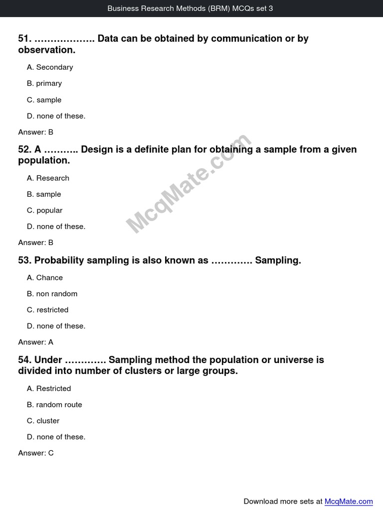 Business Research Methods (BRM) Solved MCQs Set 3 | PDF | Likert Scale ...