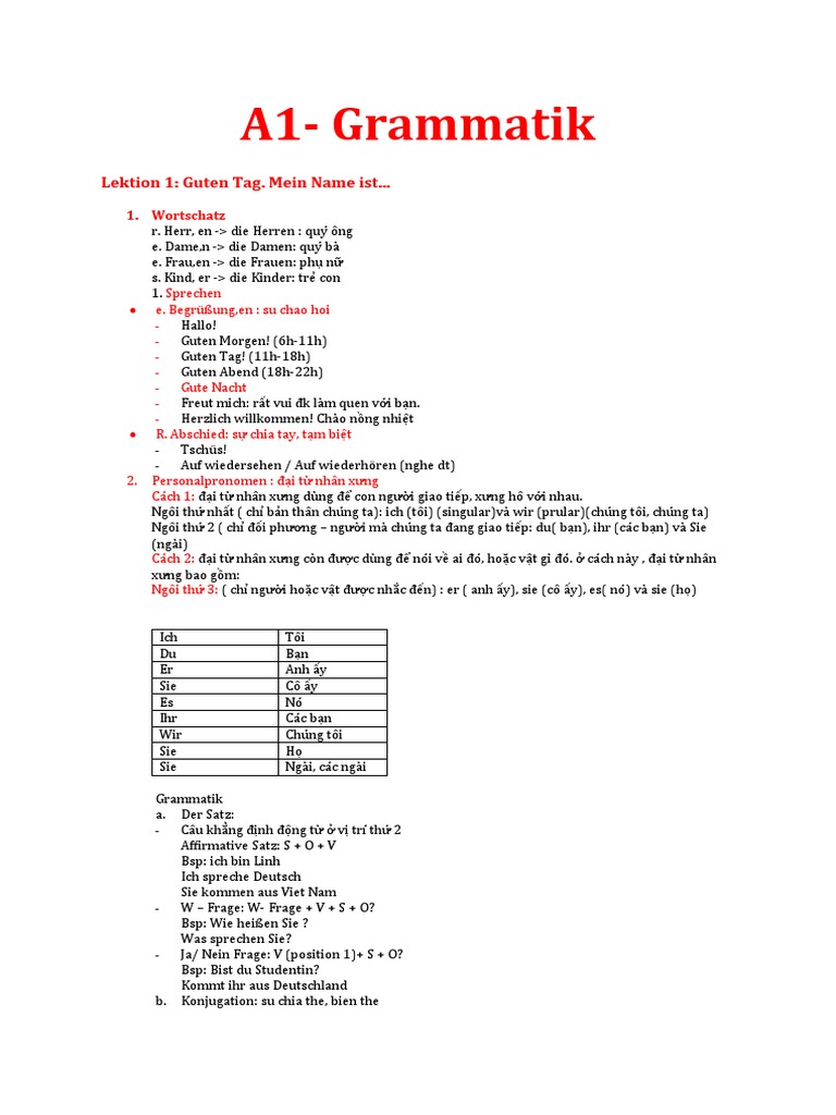 A1-Grammatik: Lektion 1: Guten Tag. Mein Name Ist.. | PDF