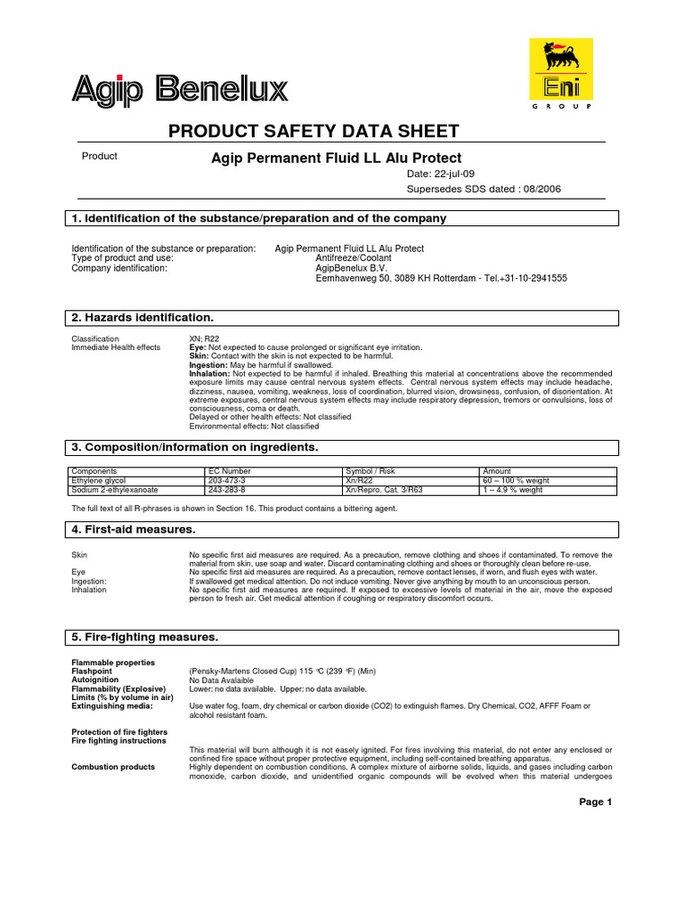 Agip Permanent Fluid Safety Data Sheet | PDF | Dangerous Goods | Toxicity
