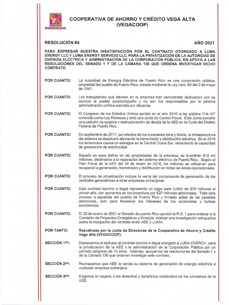 Res. #4 Año 2021 para Expresar Insatisfaccion Por El Contrato A Luma | PDF