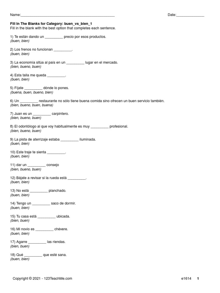 Buen Vs Bien Spanish Exercise | PDF