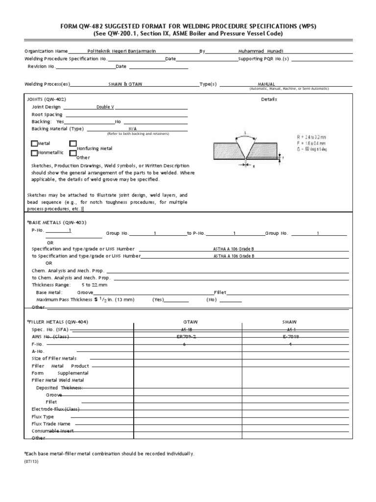 Form Qw-482 Suggested Format For Welding Procedure Specifications (WPS ...