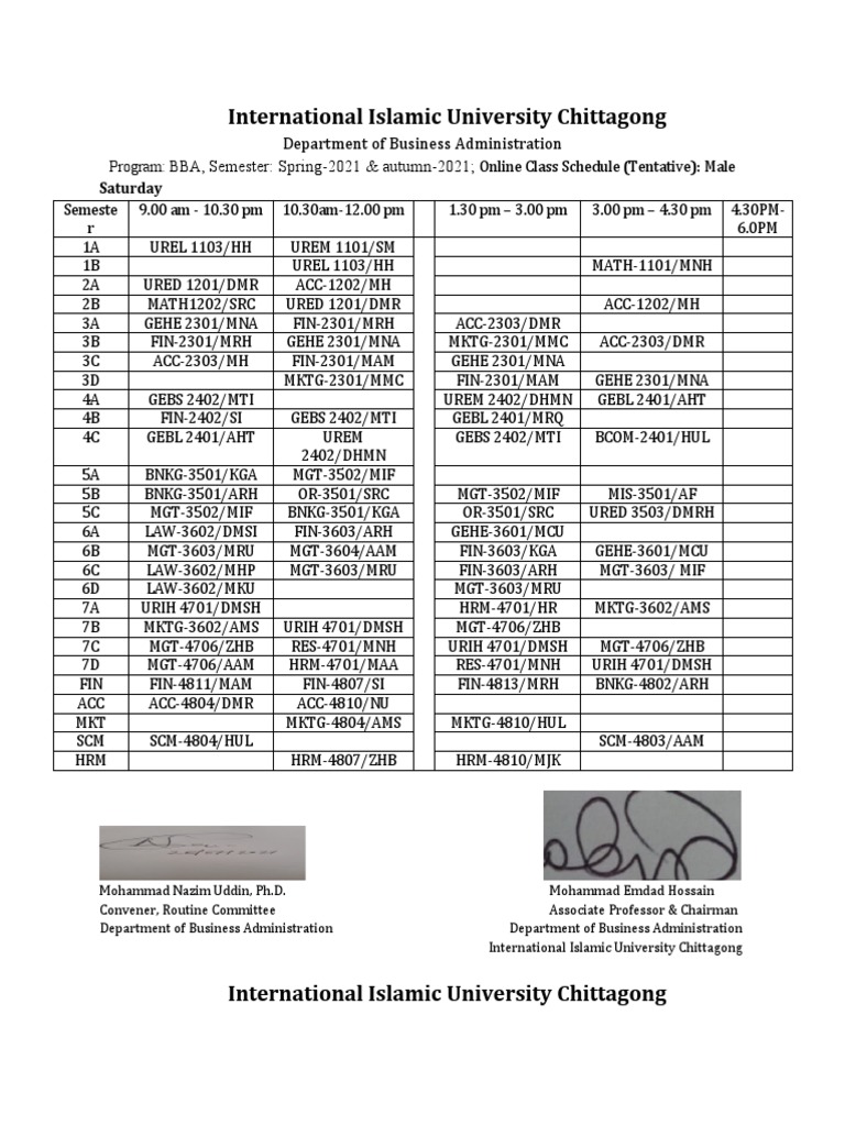 BBA, Class Routine (Male) | PDF