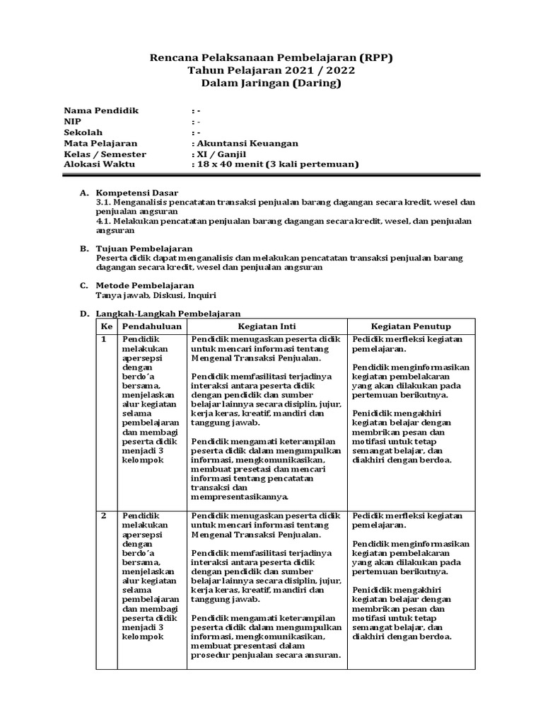 RPP Akuntansi Keuangan Kelas Xi (Ganjil) | PDF