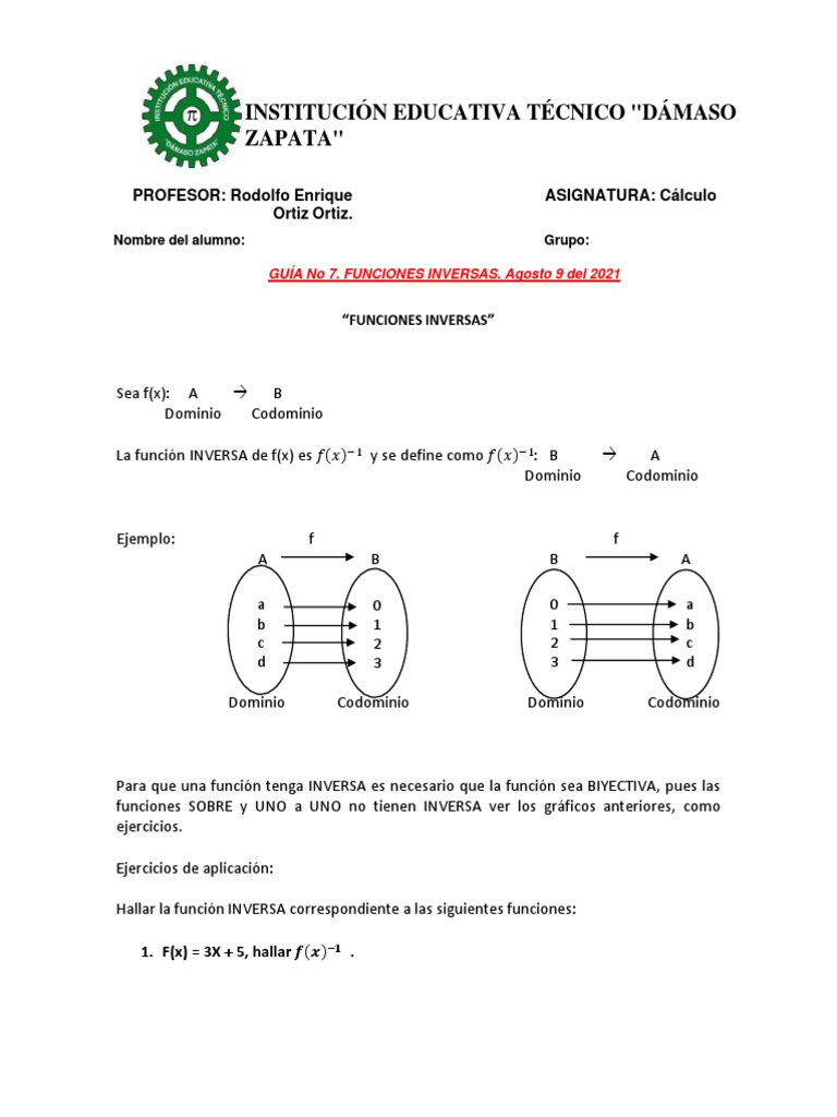 Guía de Funciones Inversas | PDF | Función (Matemáticas) | Dominio de ...