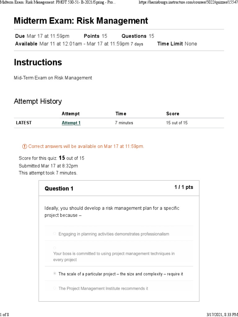 MidTerm Exam PMGT 530 Hu | PDF | Risk Management | Risk