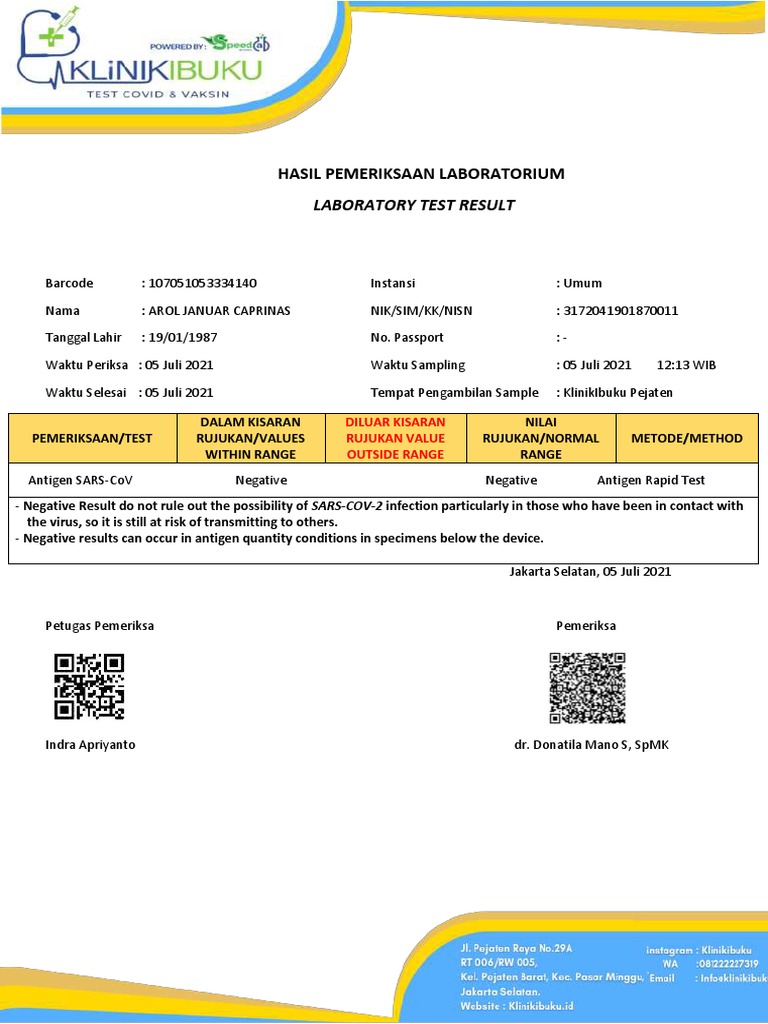 Laboratory Test Result: Hasil Pemeriksaan Laboratorium | PDF