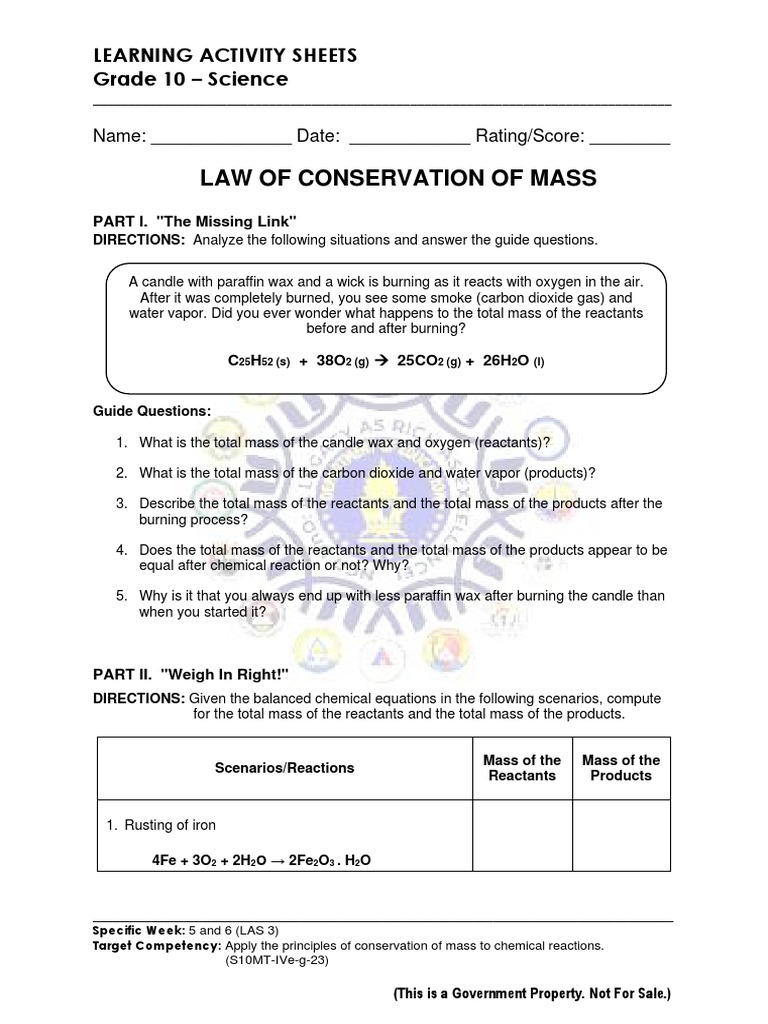 Law of Conservation of Mass: Learning Activity Sheets Grade 10 ...