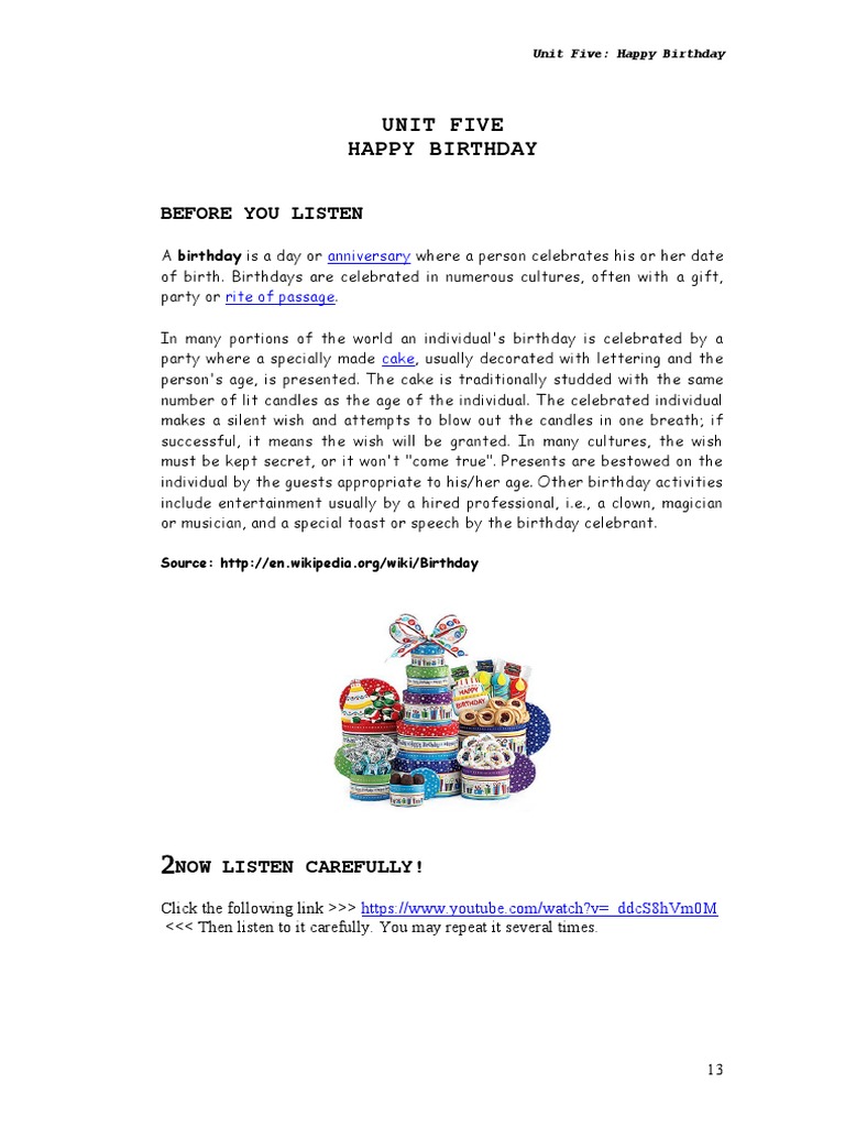 Unit Five Happy Birthday: Before You Listen | PDF | Birthdays | Traditions