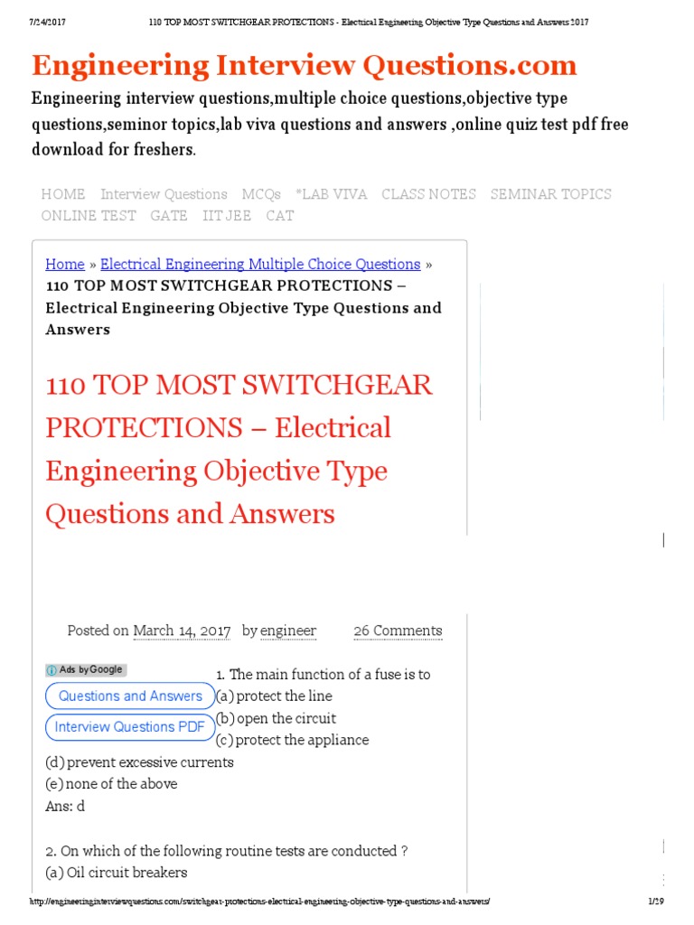 110 Top Most Switchgear PROTECTIONS - Electrical Engineering Objective ...