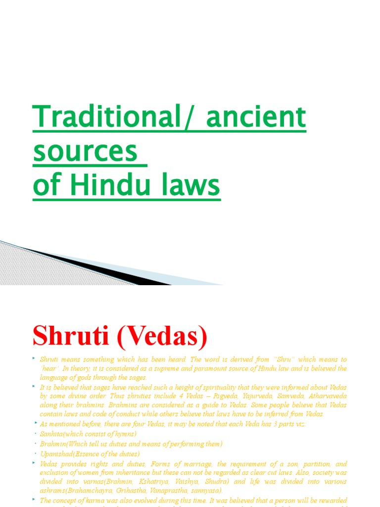 Hindu Law: Ancient Sources Explained | PDF | Vedas | Equity (Law)