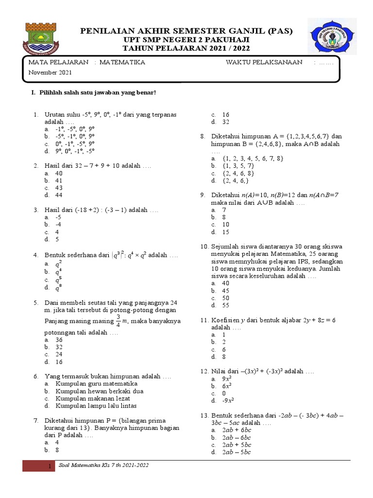 Soal MTK Kelas 7 | PDF