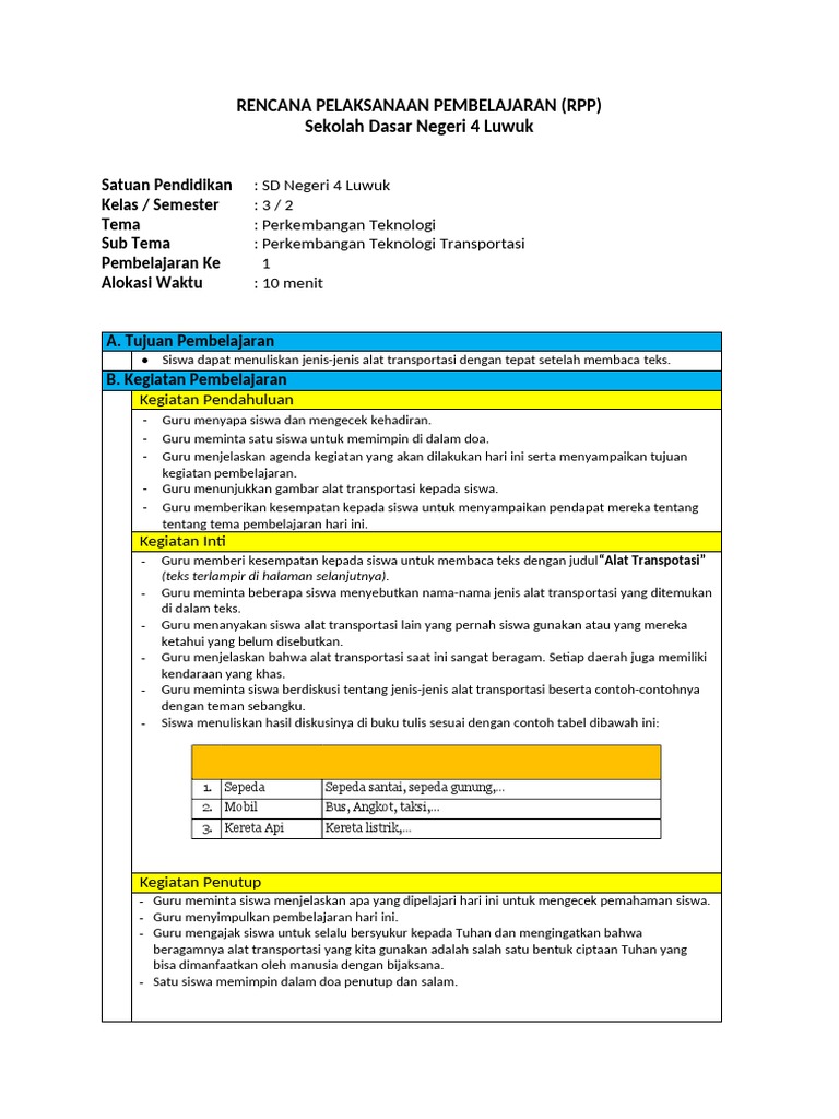 Rencana Pelaksanaan Pembelajaran (RPP) Sekolah Dasar Negeri 4 Luwuk | PDF