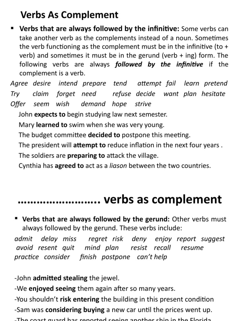 Verbs As Complement: Verbs That Are Always Followed by The Infinitive | PDF | Verb | Preposition ...