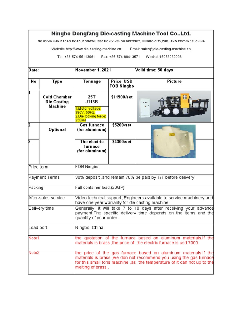 25T Cold Chamber Die Casting Machine Quotation | PDF | Secondary Sector ...